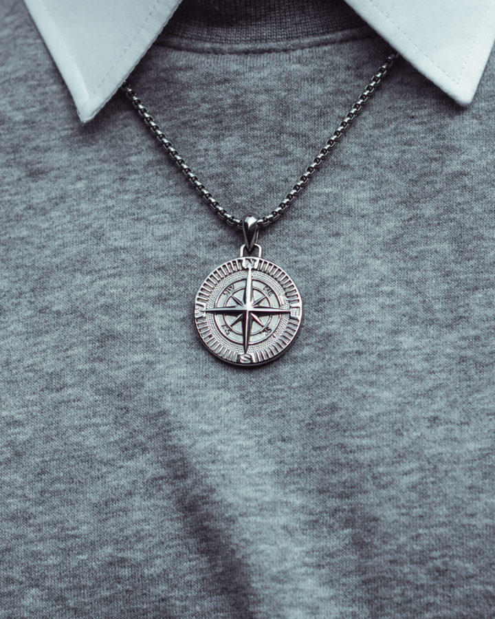 Mens Silver Compass Pendant Necklace | Fits 20-22 Inches