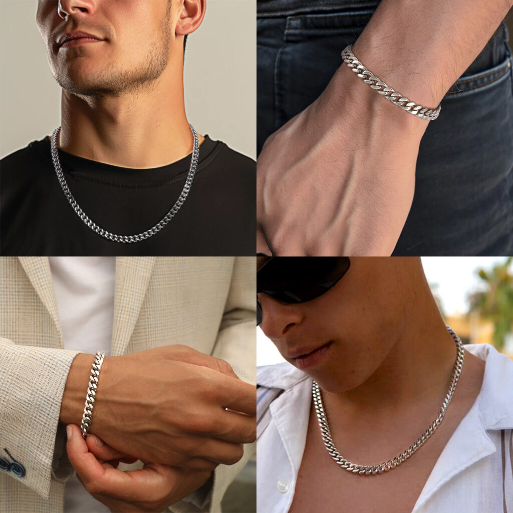 Curb Chain Necklace & Bracelet Set (SILVER) | 7MM WIDTH | ice